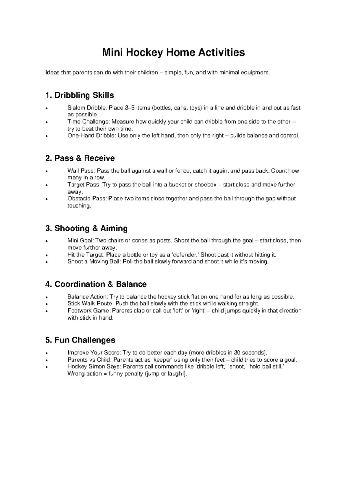 Mini Hockey Home Activities: Fun Ideas for Parents & Kids - Studocu