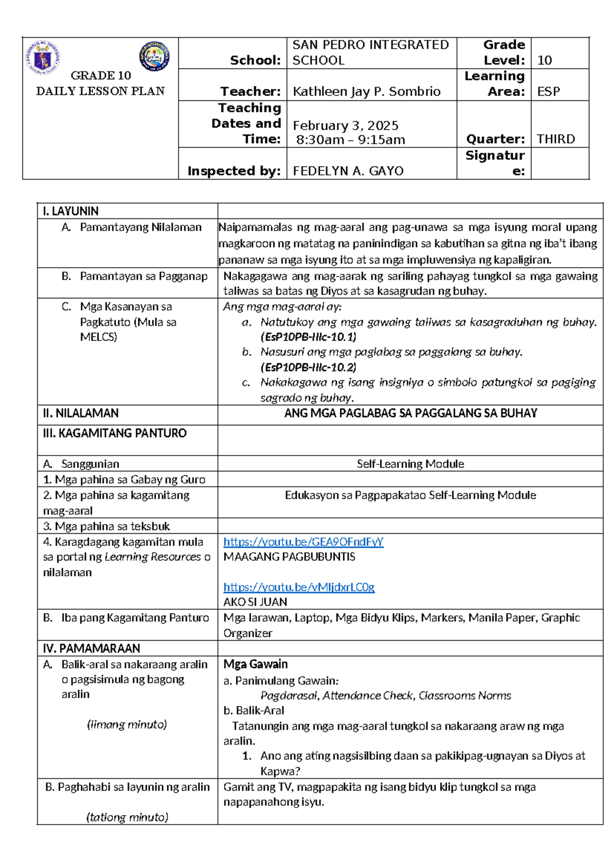 Grade 10 ESP Daily Lesson Plan for 3rd Quarter - Feb 2025 - Studocu