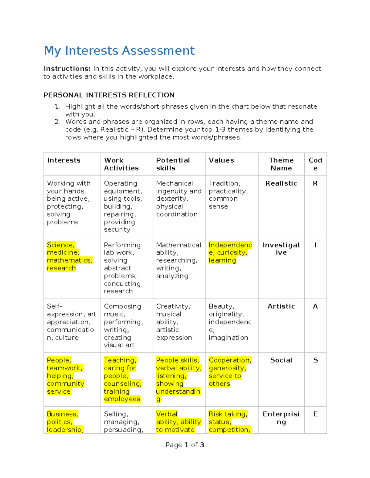 Interest Assessment Reflection: Connecting Themes to Careers - Studocu