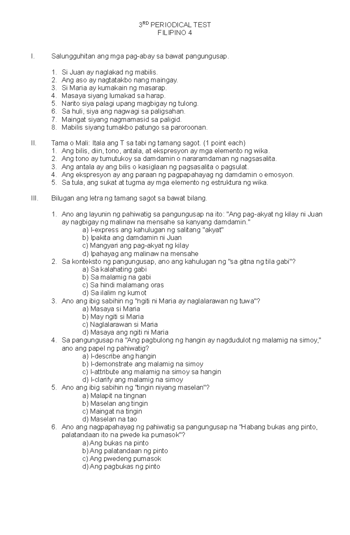 Filipino-4-EXAM - Fillipino exam - 3 RD PERIODICAL TEST FILIPINO 4 I ...