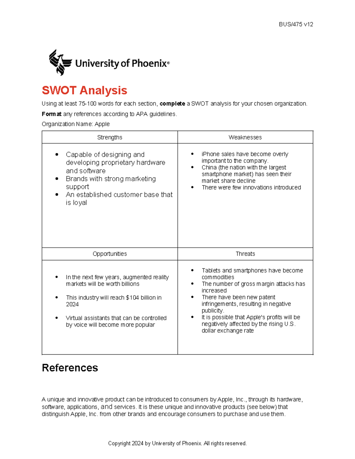 BUS 475 Week 2 SWOT Analysis of Apple Inc. - Studocu