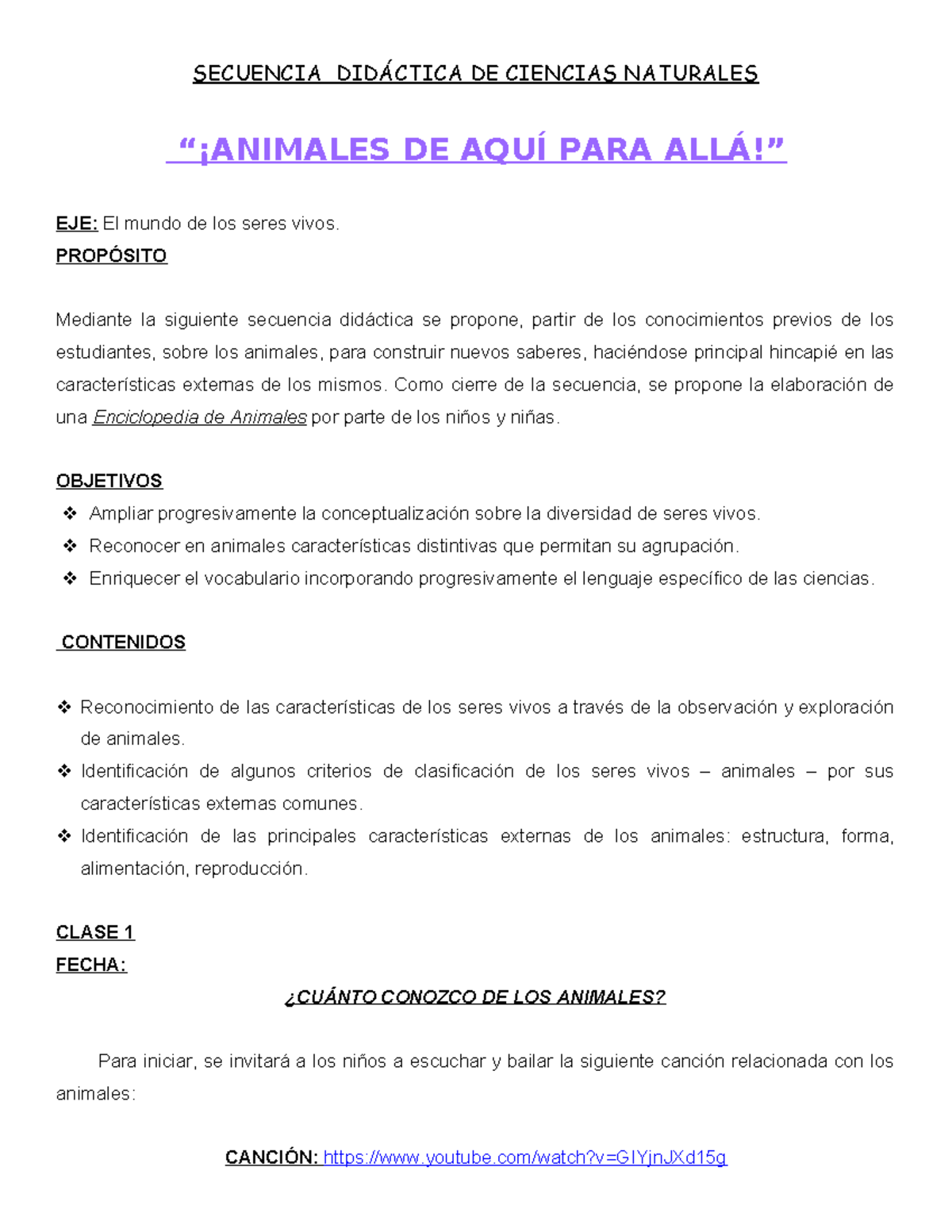SECUENCIA DIDÁCTICA: LOS ANIMALES EN 5 CLASES NNN - Studocu
