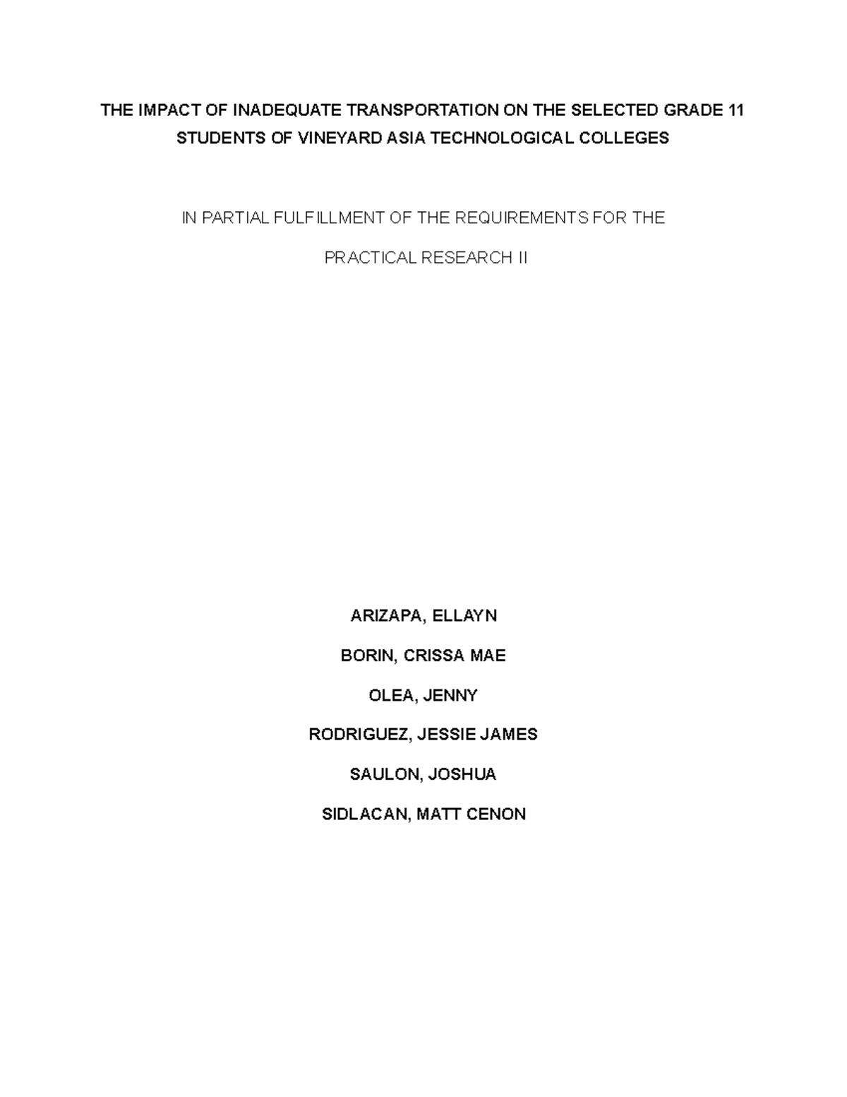 The Impact of Inadequate Transportation on Grade 11 Students at VATC ...