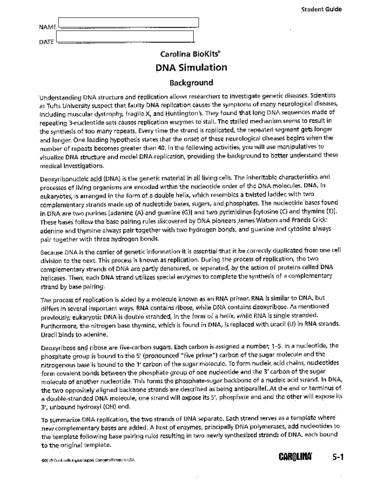 Bios251 Week 2 DNA Lab (1) - Student Guide NAME DATE Carolina DNA ...