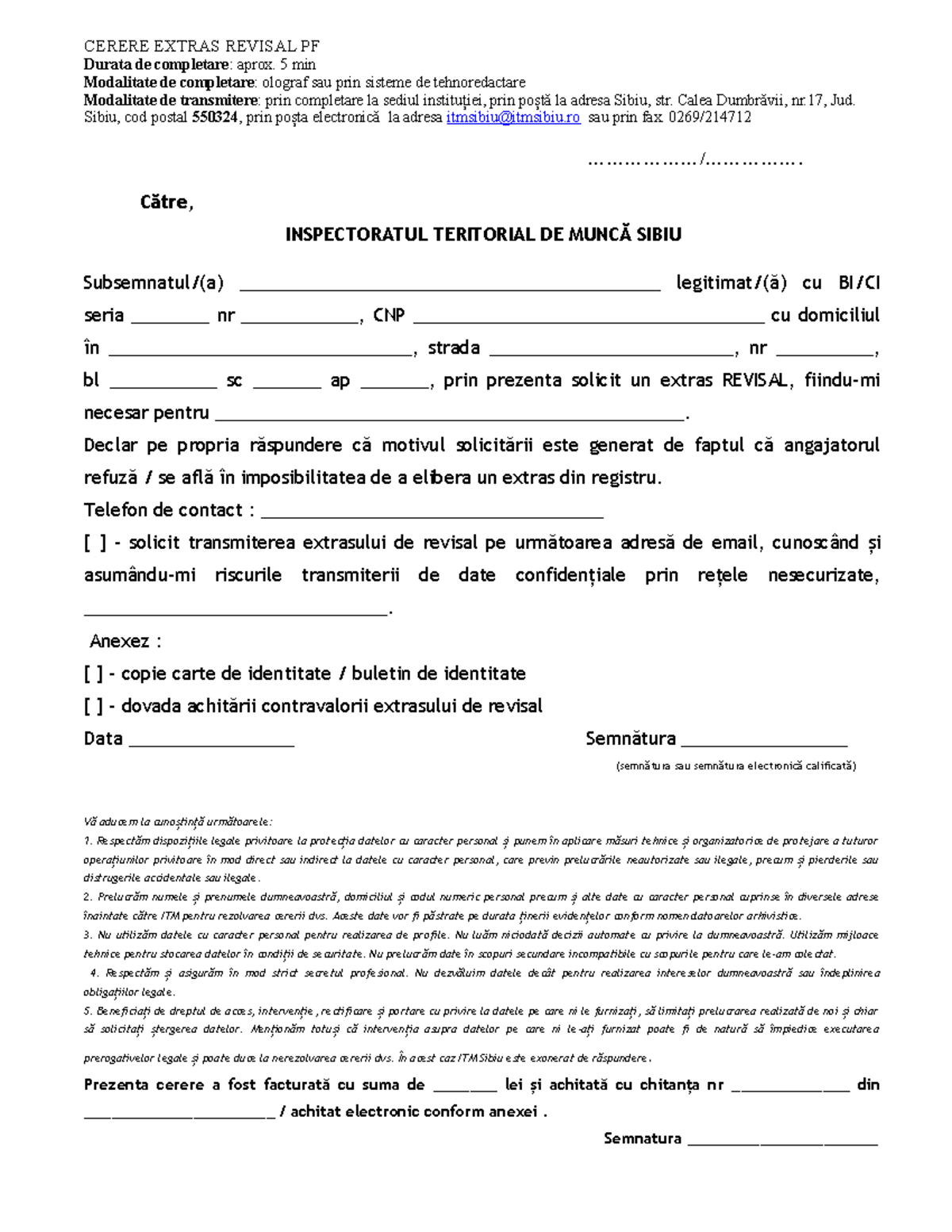 Cerere Extras Revisal PersoanĂ FizicĂ - CERERE EXTRAS REVISAL PF Durata ...