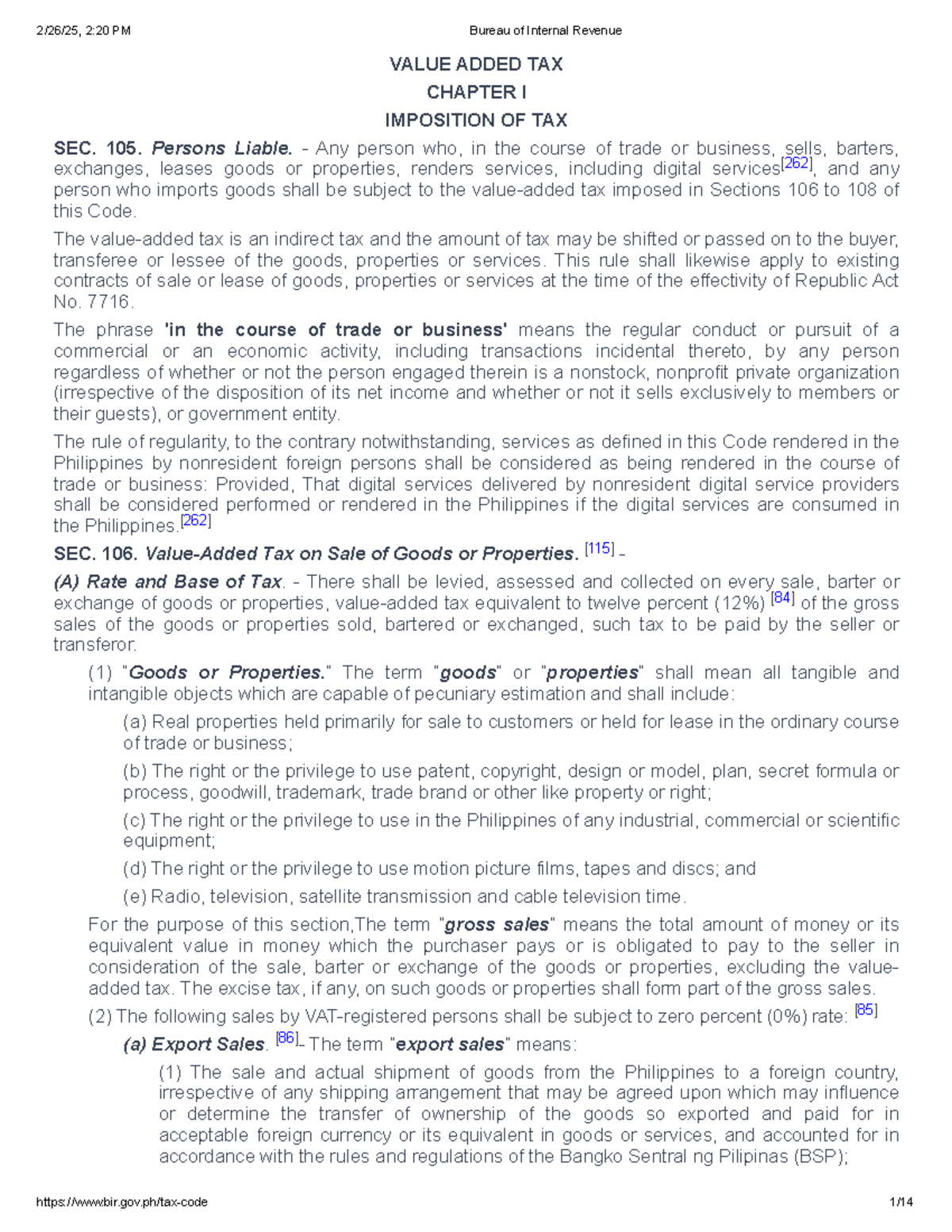 BIR VAT Chapter I: Imposition of Tax and Persons Liable - Studocu