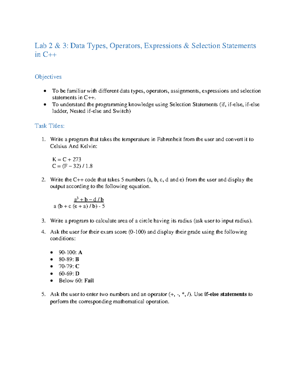 Lab 2,3: Data Types, Operators & Selection Statements Manual - Studocu