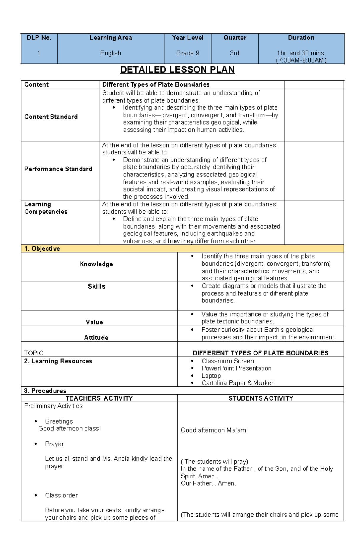 DLP - Lesson Plan on Different Types of Plate Boundaries for Grade 9 ...