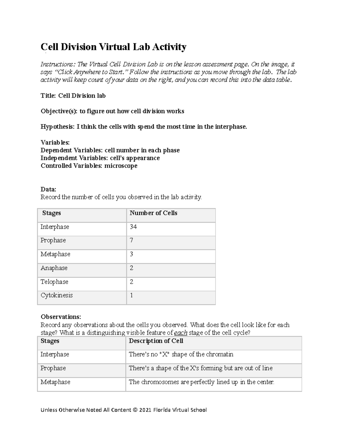 03 01 virtual cell division lab report - Cell Division Virtual Lab Activity Instructions: The ...
