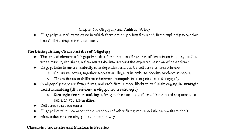 Chapter 15: Oligopoly & Antitrust Policy Overview - Studocu