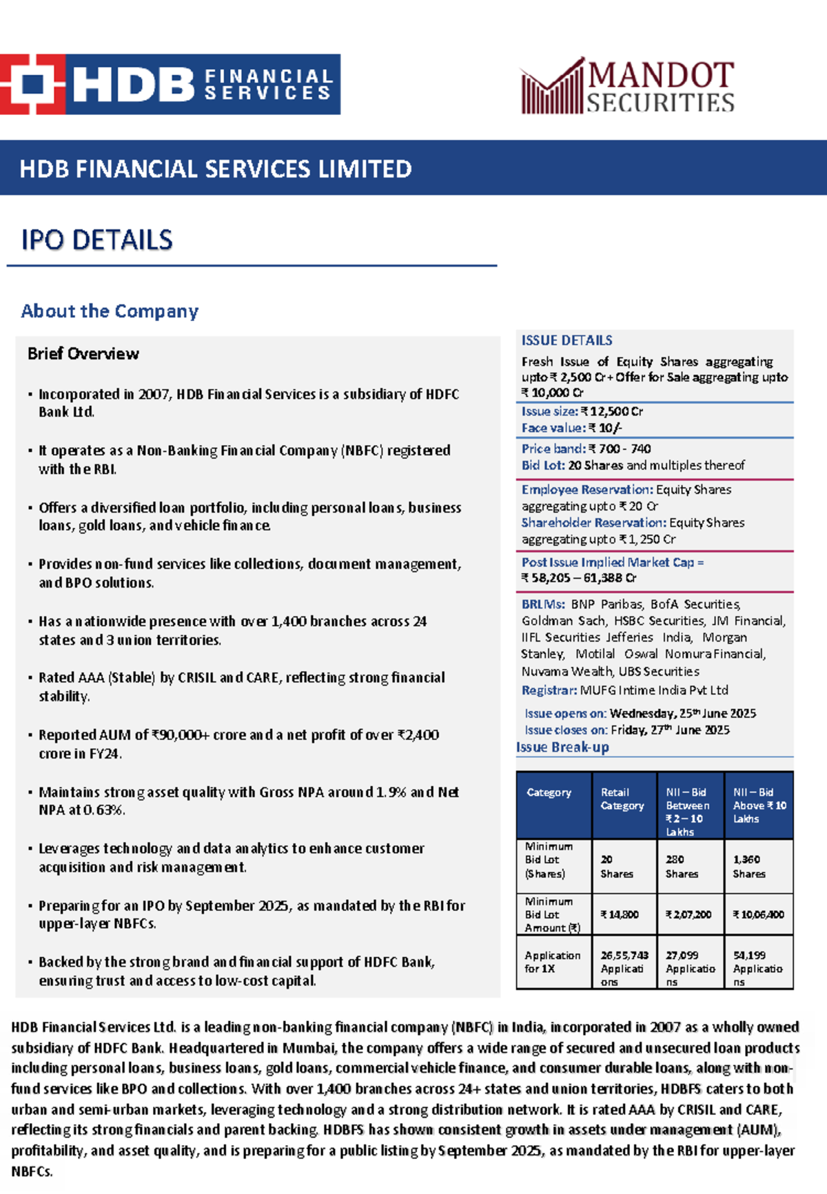 HDB FINANCIAL SERVICES LIMITED IPO REPORT - JUNE 2025 - Studocu