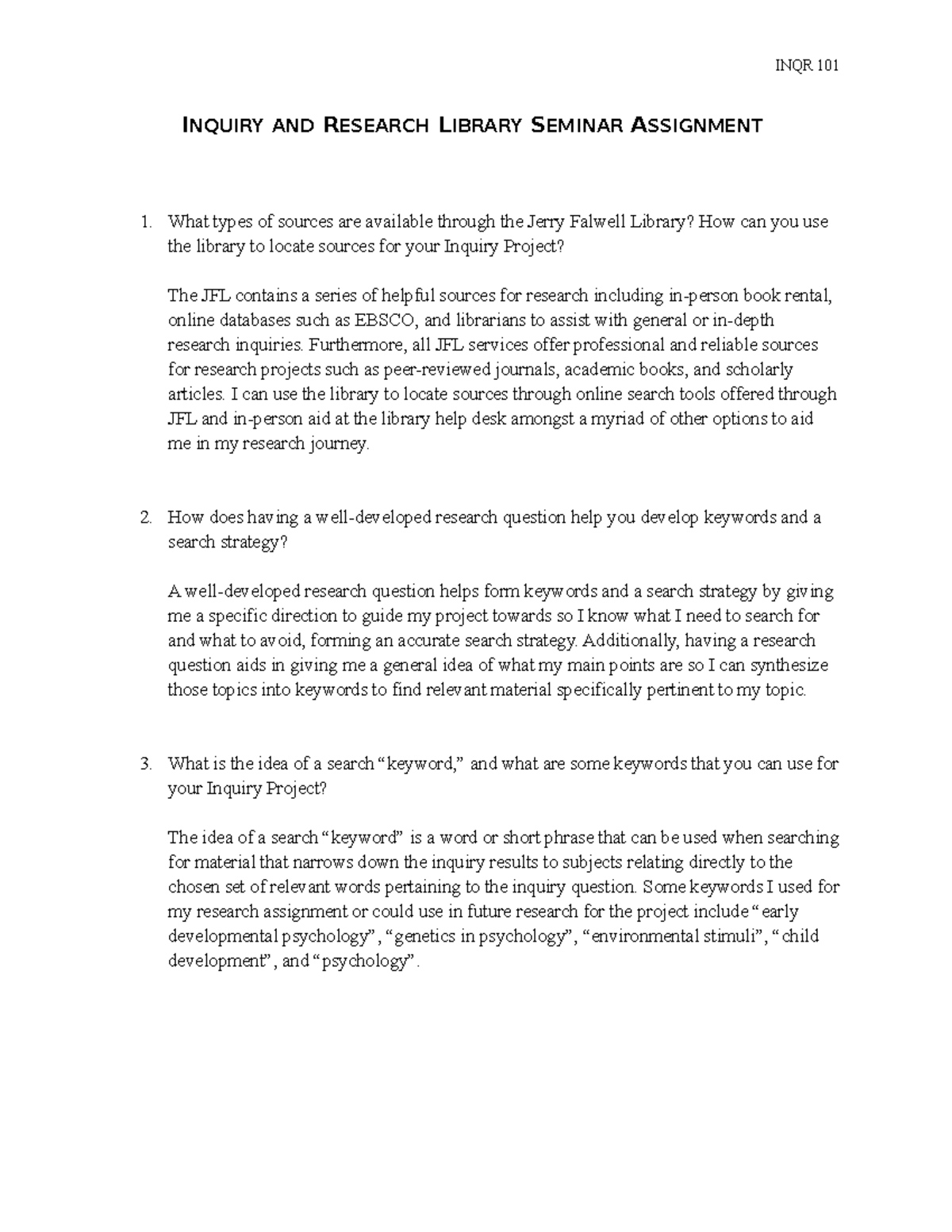 INQR 101: Inquiry & Research Library Seminar Assignment Guide - Studocu