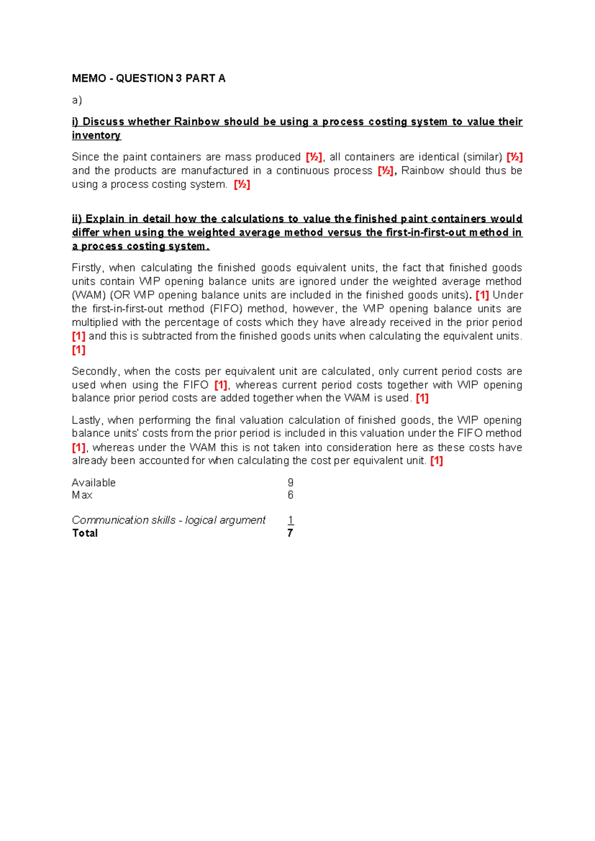 2024A1S2 Process Costing Analysis: Memo for Question 3A - Studocu