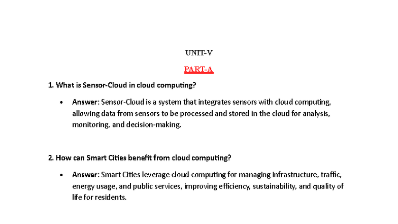 FIOT UNIT-5 Question Bank: Cloud Computing in Smart Cities & IoT Solutions - Studocu