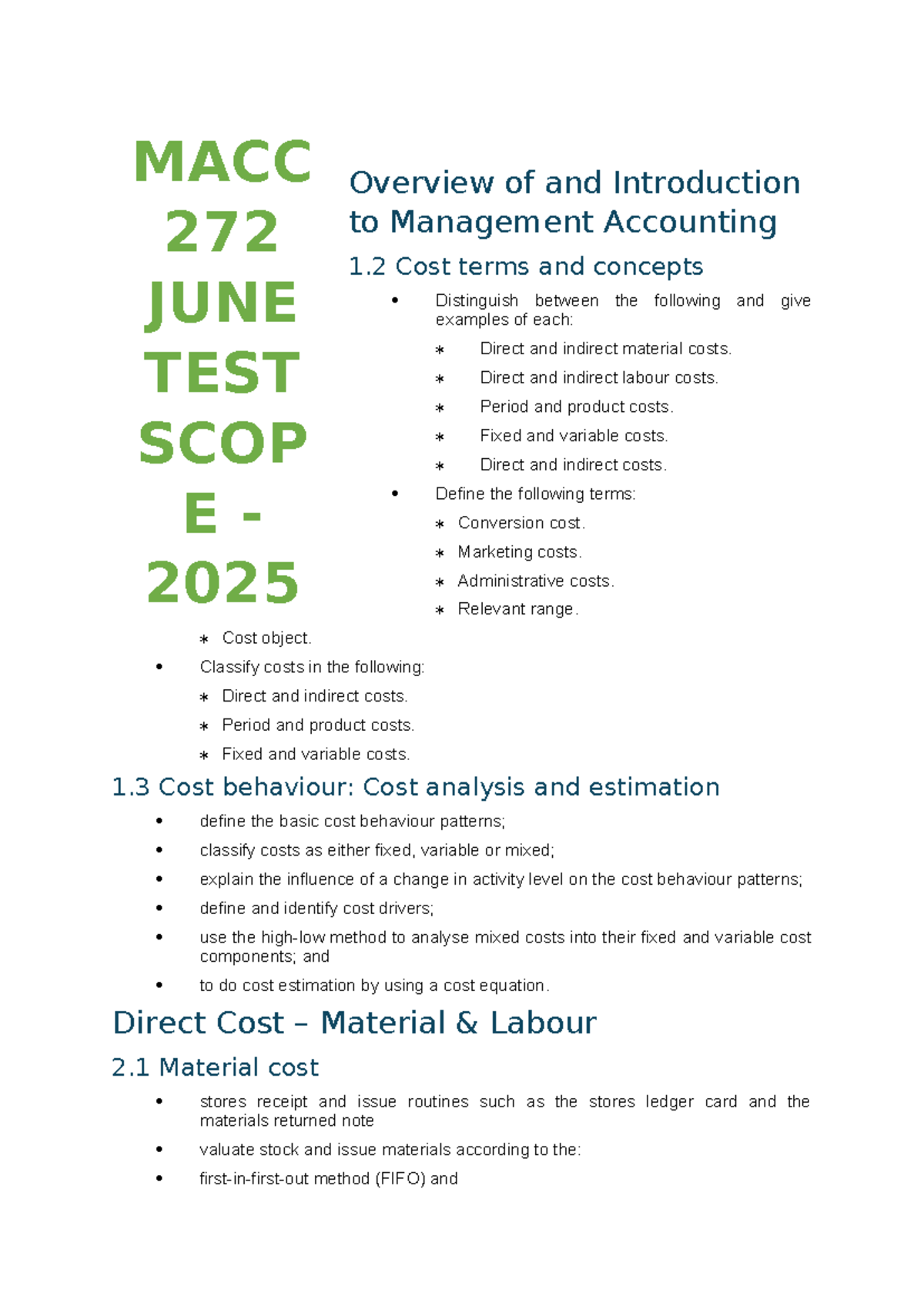 MACC 272 JUNE TEST: Overview of Management Accounting Concepts - Studocu