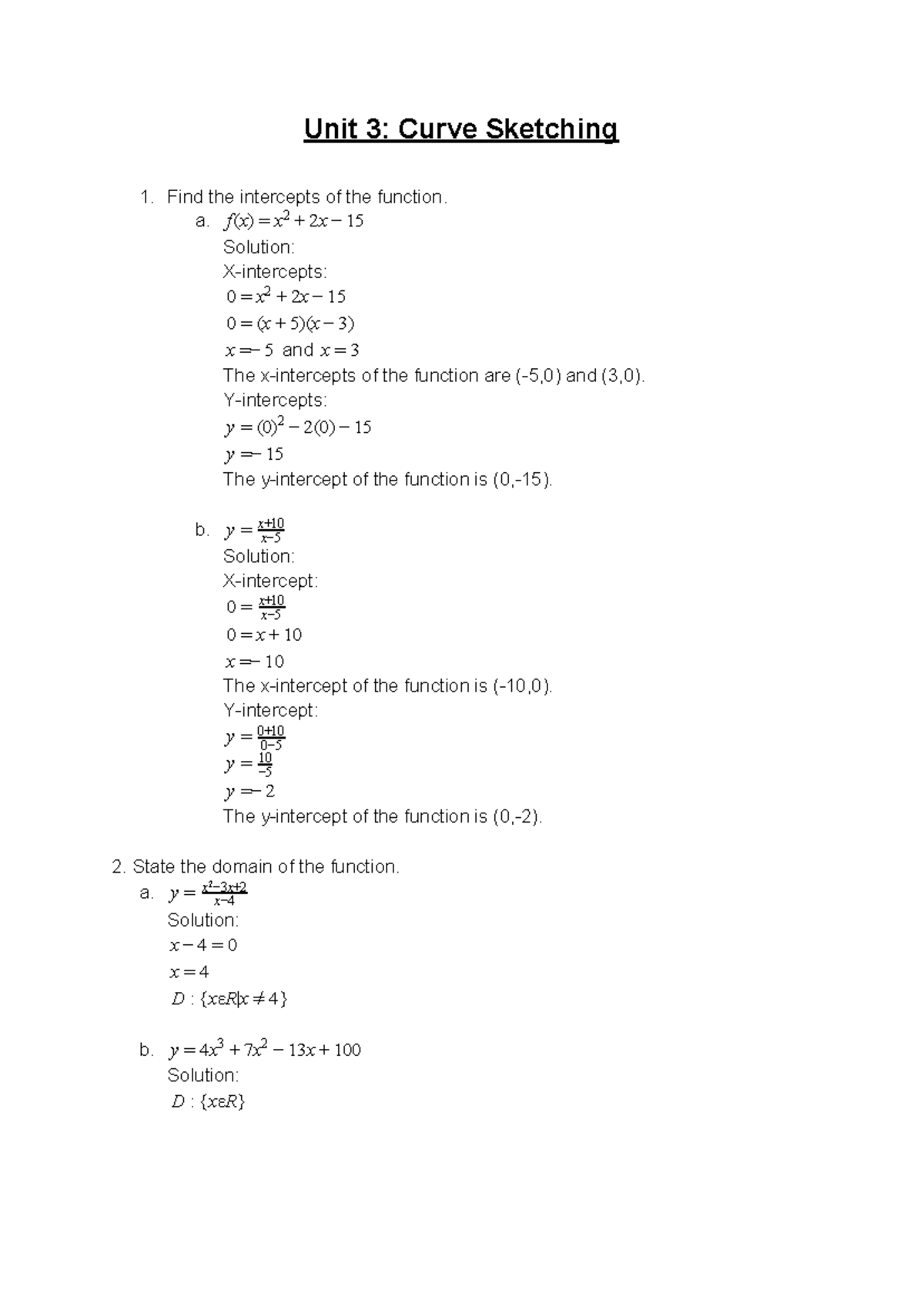 Unit 3 Curve Sketching: Intercepts, Domain, and Critical Points Analysis - Studocu