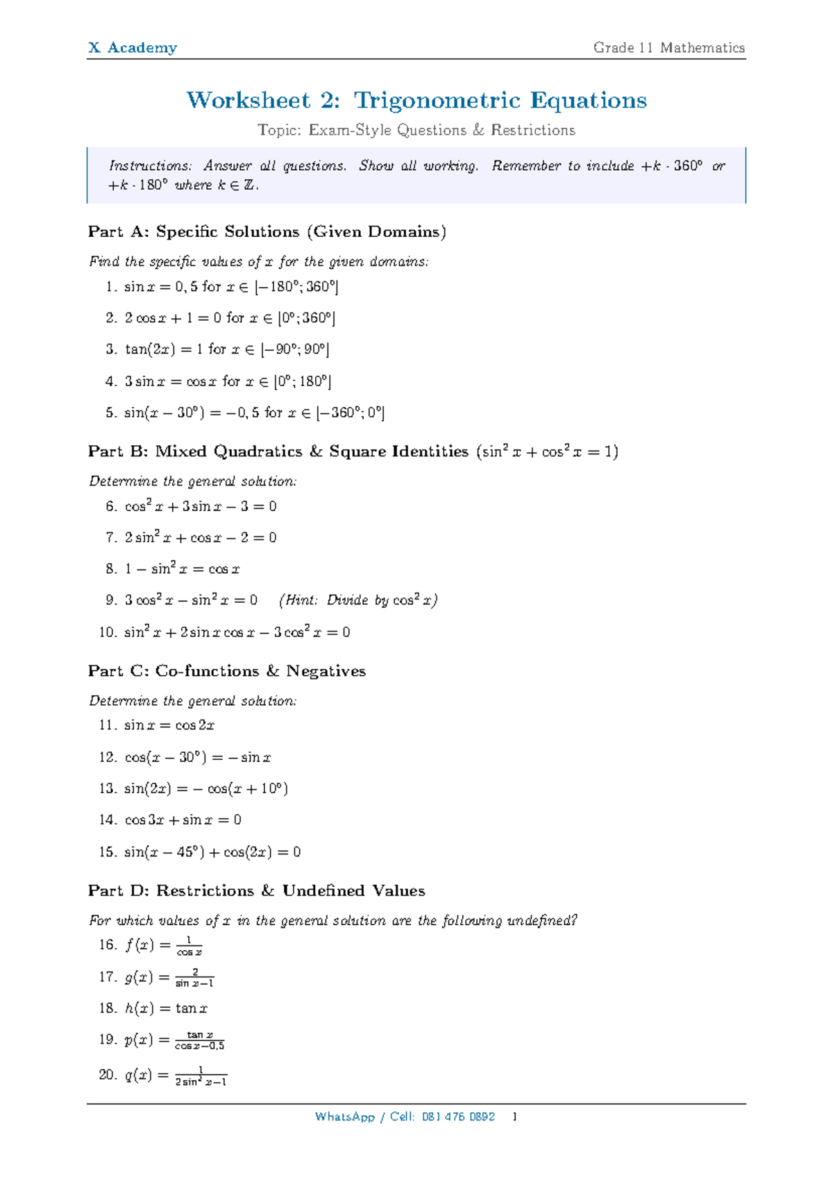 Grade 11 Mathematics Worksheet 2: Trigonometric Equations Solutions ...