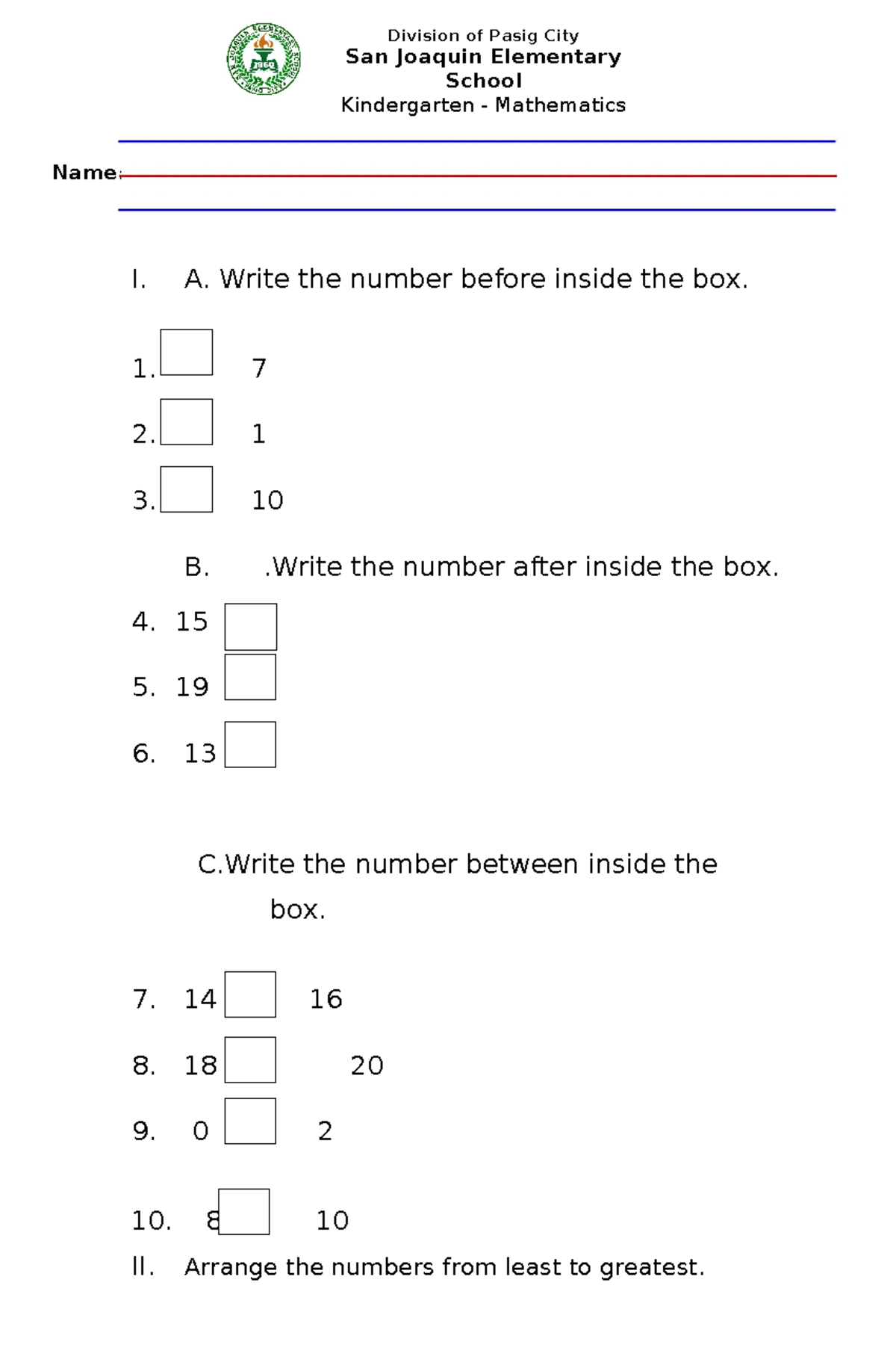 Test-math - Kinder test - Division of Pasig City San Joaquin Elementary ...