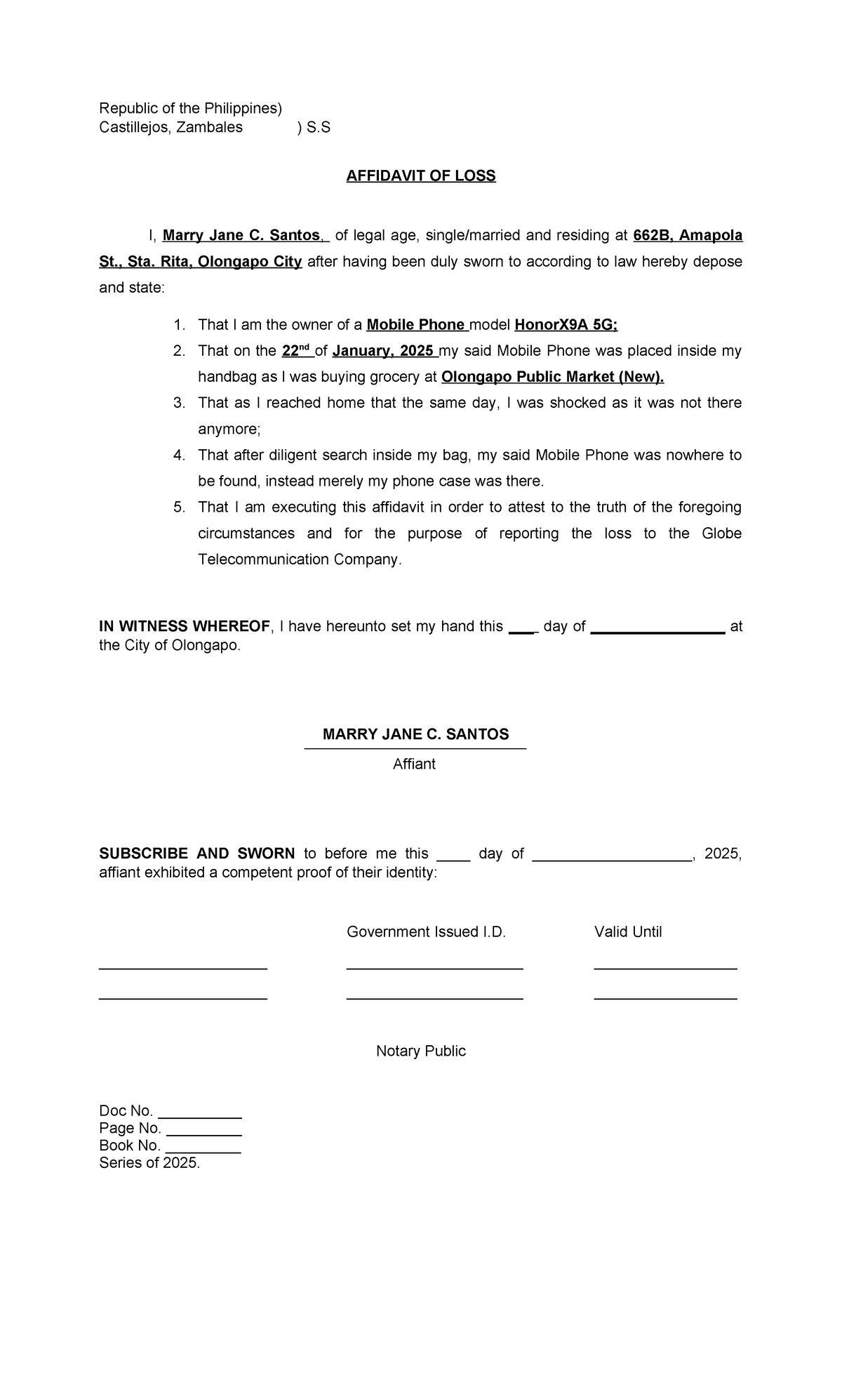 Sample Affidavit of Loss: Mobile Phone Declaration Document - Studocu