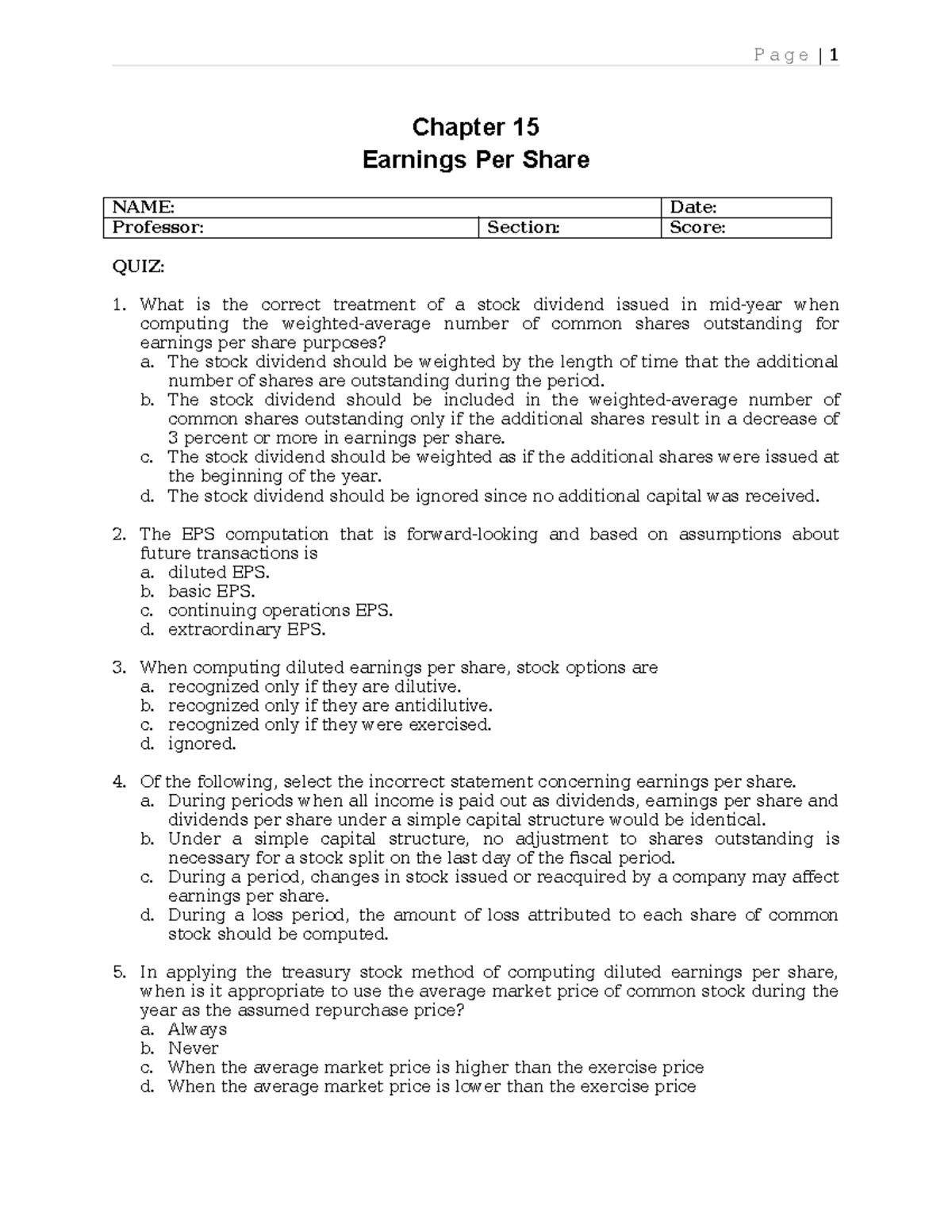 QUIZ: Earnings Per Share (EPS) Concepts - Chapter 15 - Studocu