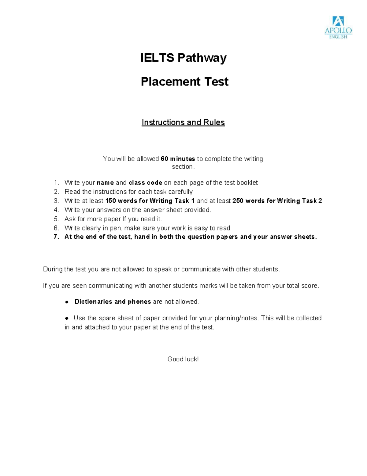 IELTS Pathway Productive Skills Placement Test Instructions - Studocu