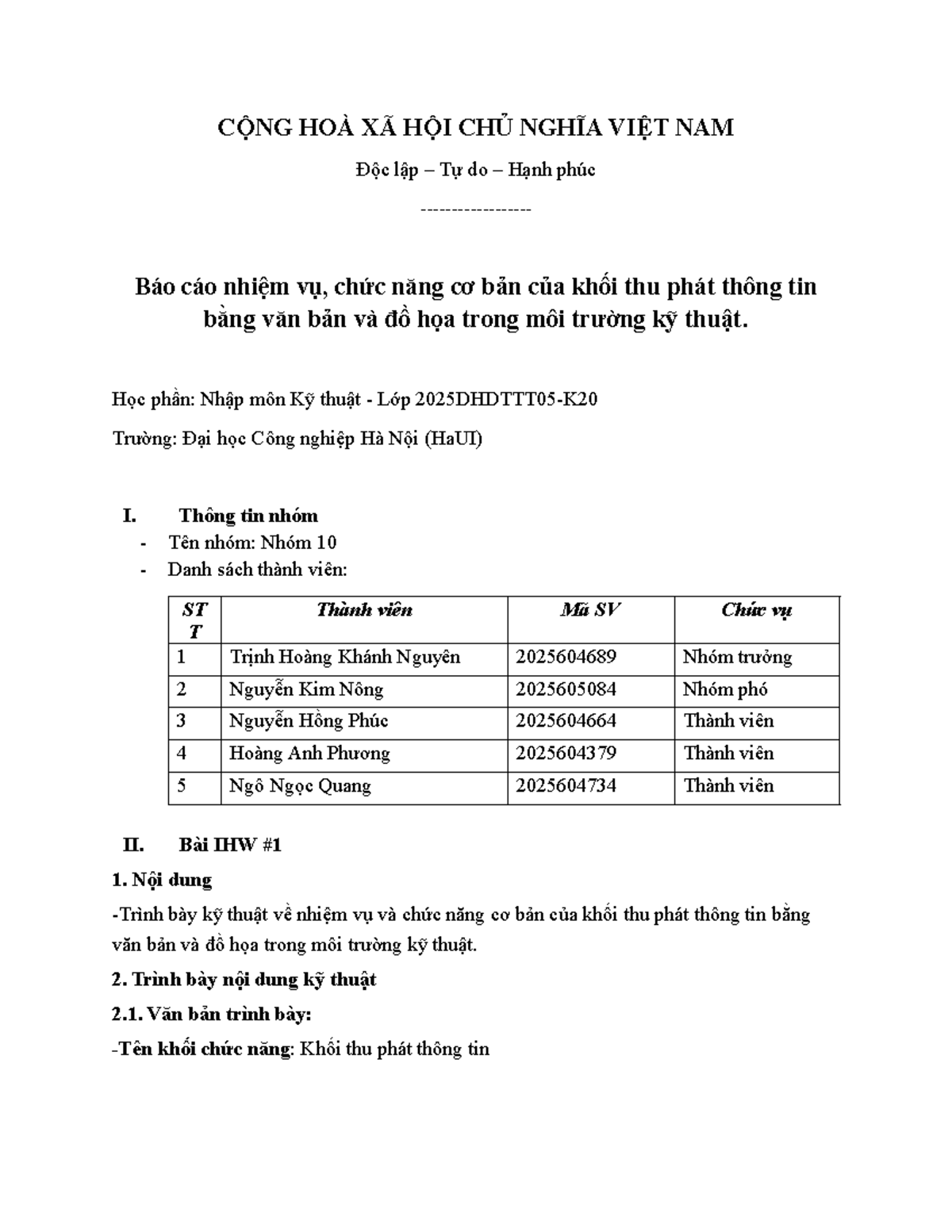 Báo cáo nhiệm vụ khối thu phát thông tin - Bài NMKT HW1 - Studocu