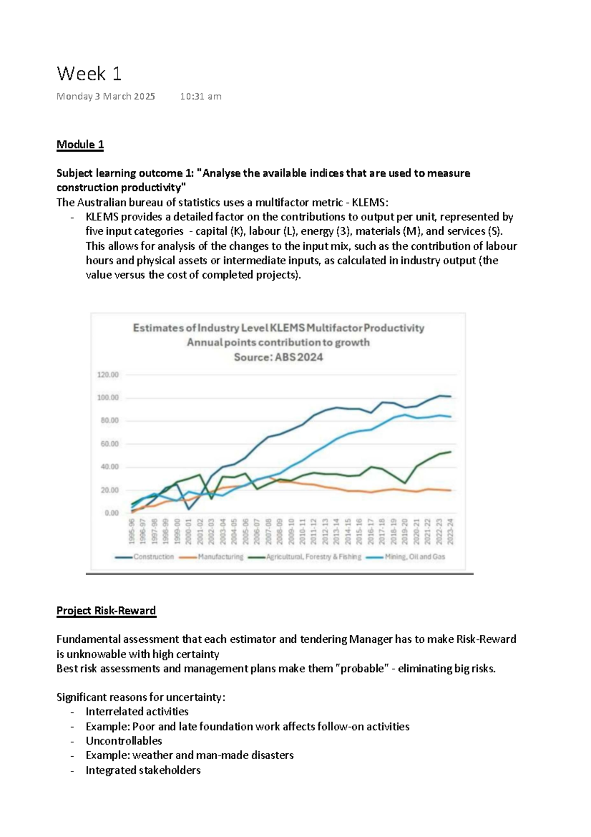 Week 1 Modern Construction Lecture Notes: Measuring Indices & Risks ...
