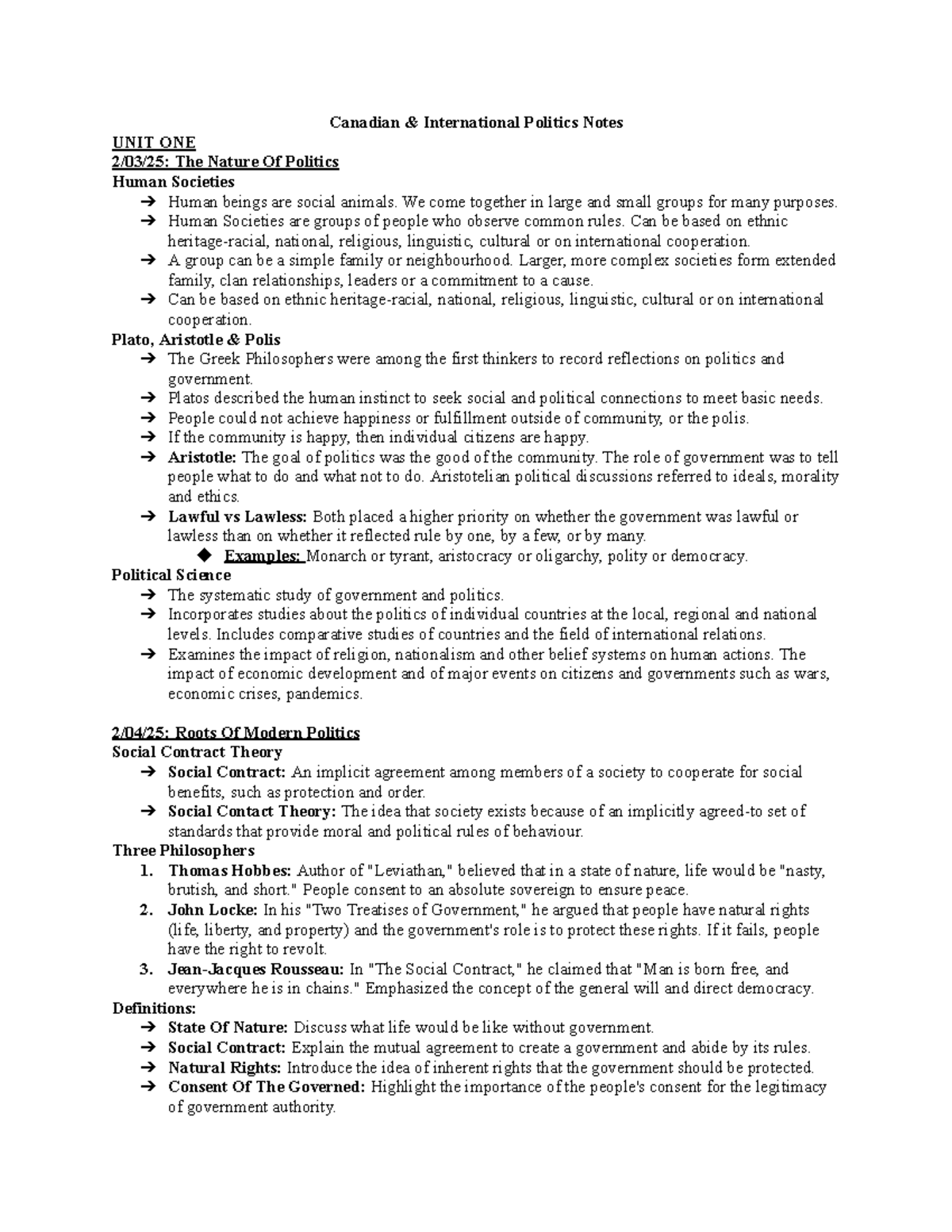 Canadian & International Politics Notes: Unit 1 Overview - Studocu