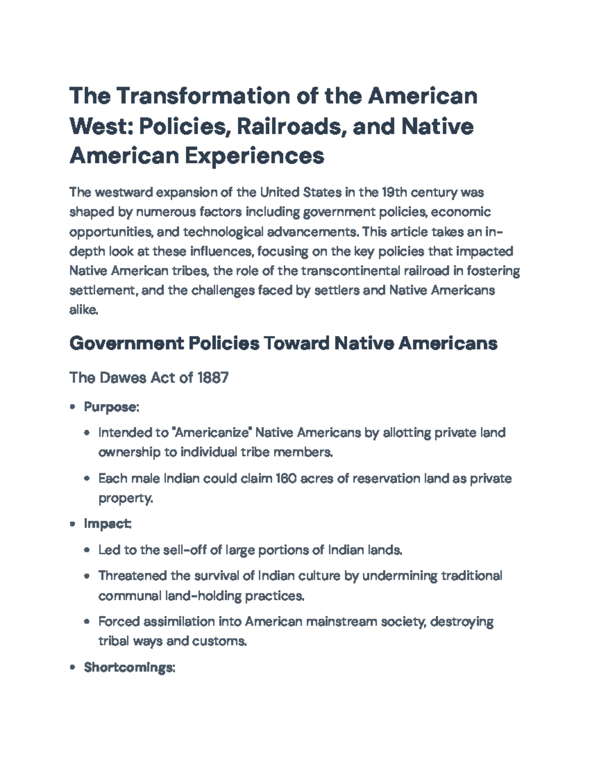 Transforming the American West: Policies, Railroads & Native Americans ...
