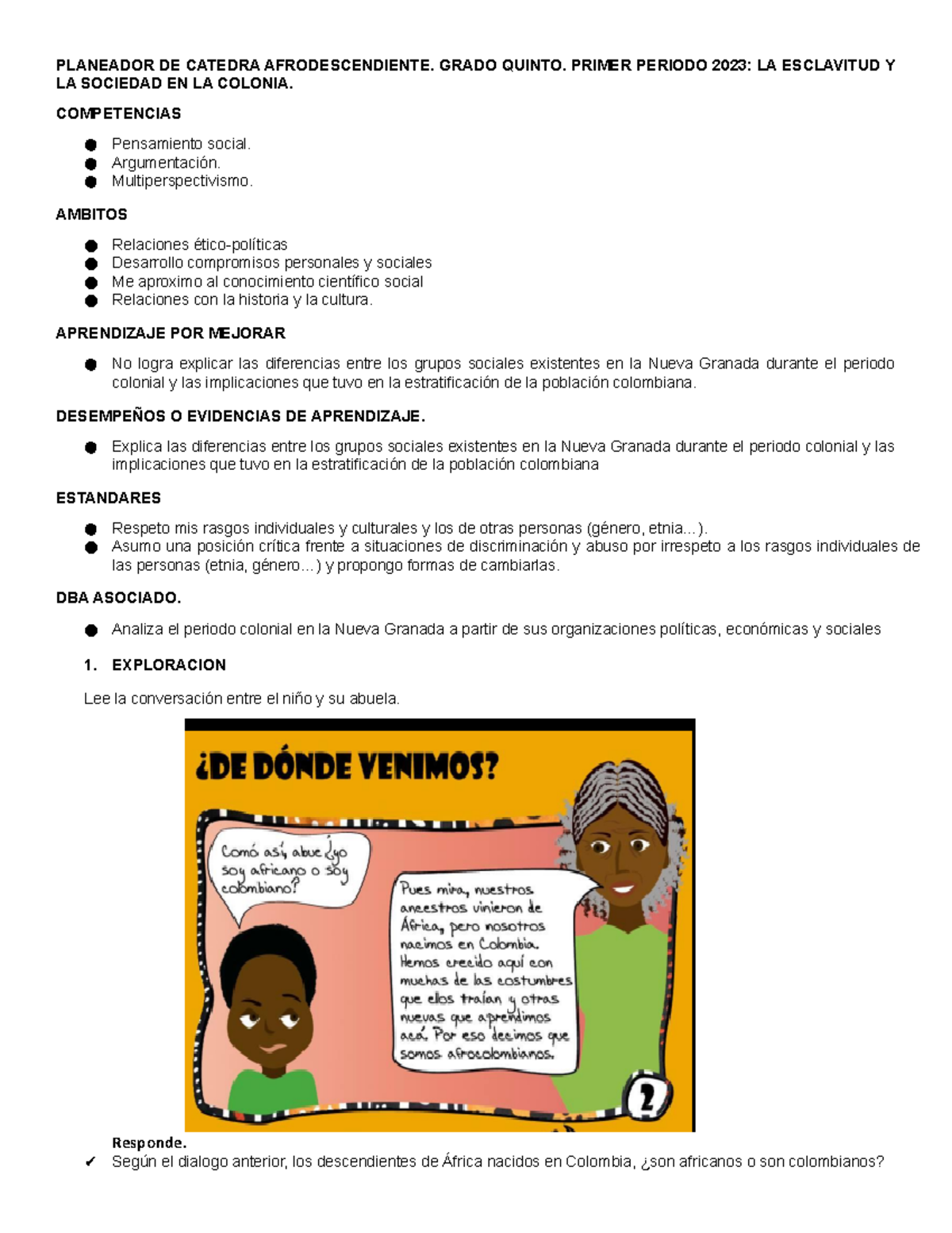 Plan de Aula Afrocolombiano - EDUCACION BASICA GRADO 5 - Primer Período ...