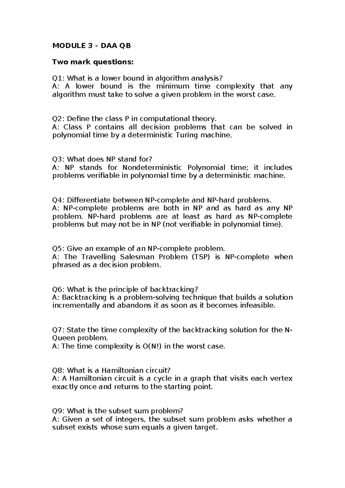 Module 3 DAA QB: Key Concepts in Algorithm Analysis and Complexity - Studocu