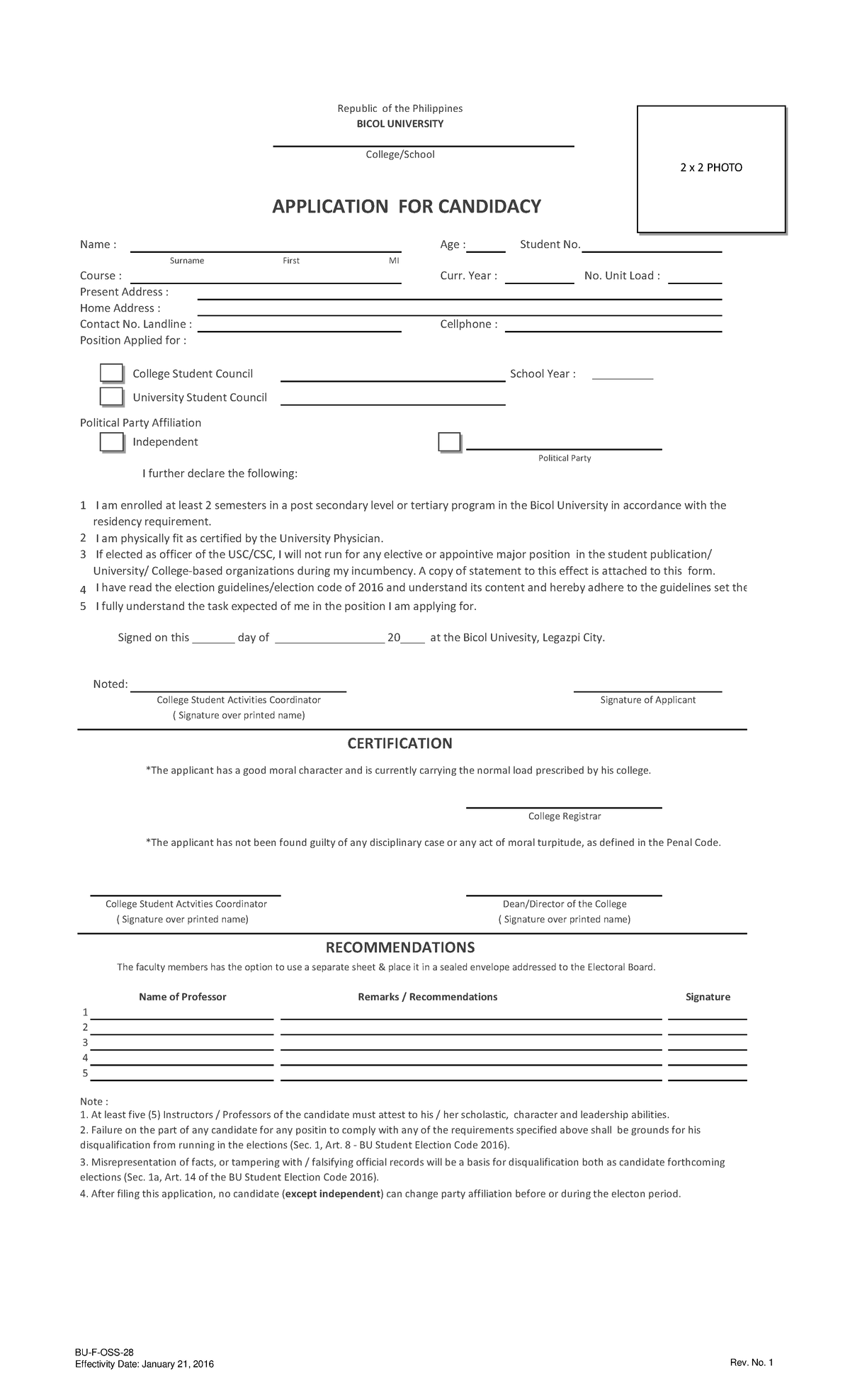 Application for Candidacy - Bicol University Election Form - Studocu