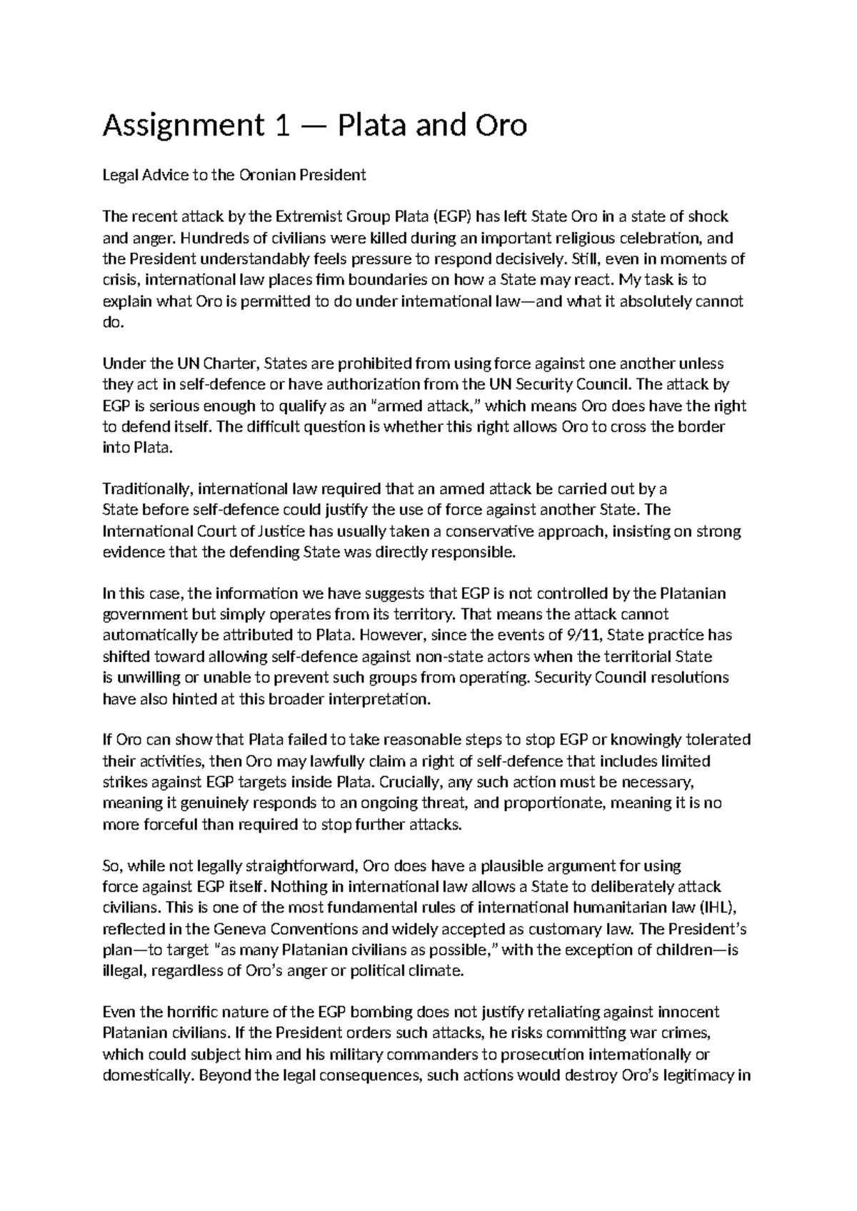 Assignment 1: Legal Advice on Oro's Response to EGP Attack - Studeersnel