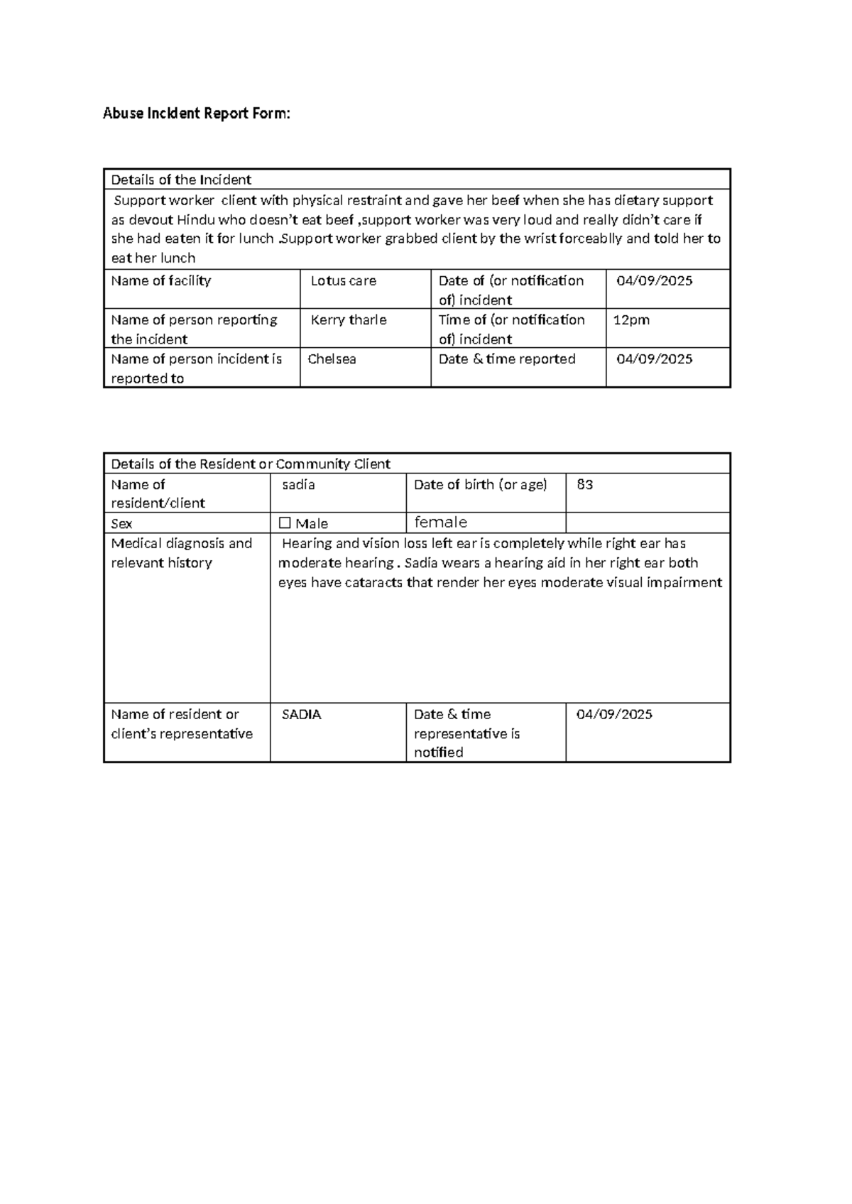 Abuse Incident Report Form: Physical Restraint Case at Lotus Care - Studocu