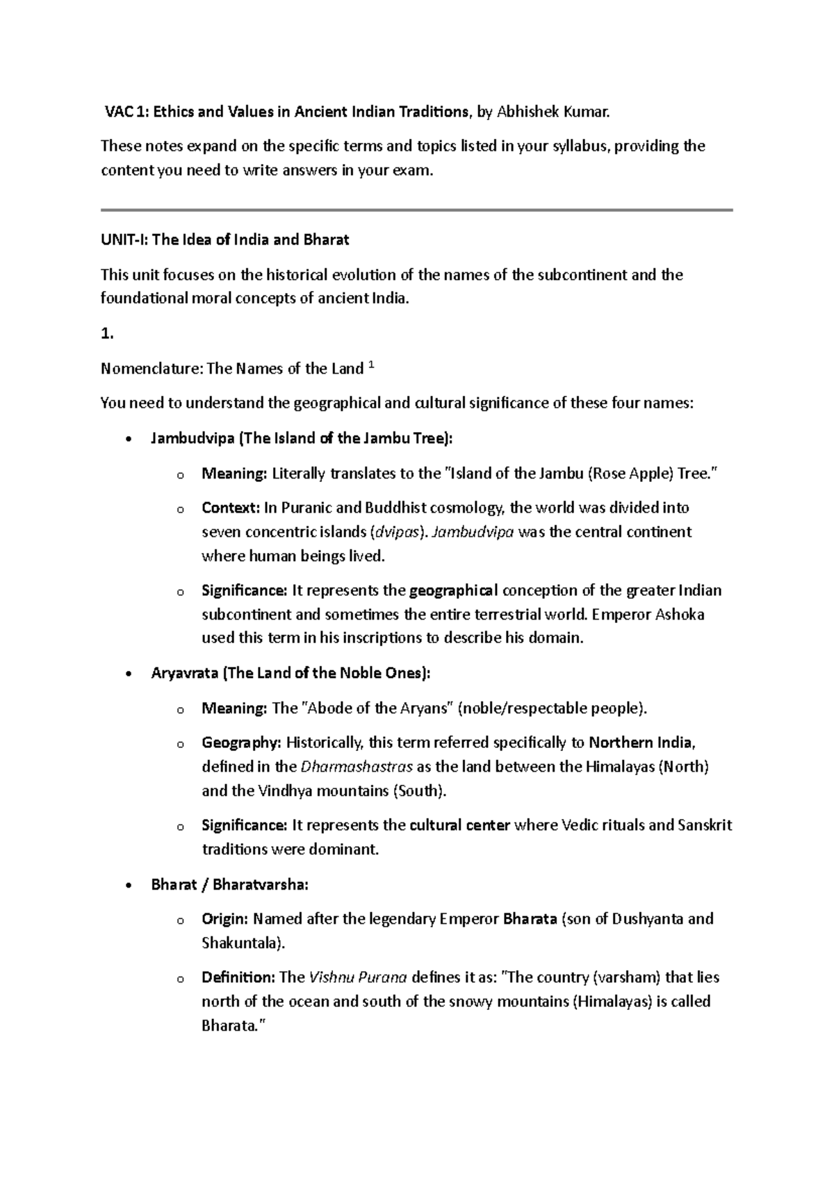 VAC 1: Exam Notes on Ethics & Values in Ancient Indian Traditions - Studocu