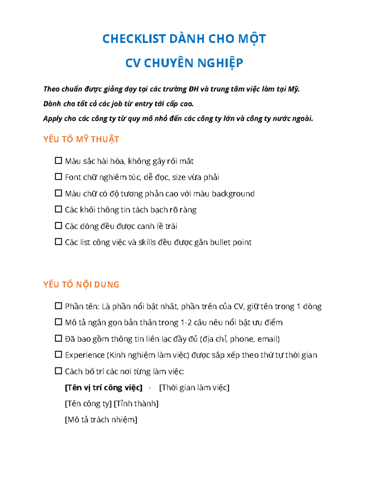 Checklist cho CV - aaaaaaaaaaaaaaaaaaaaaaaaaa - CHECKLIST D¿NH CHO MỘT ...