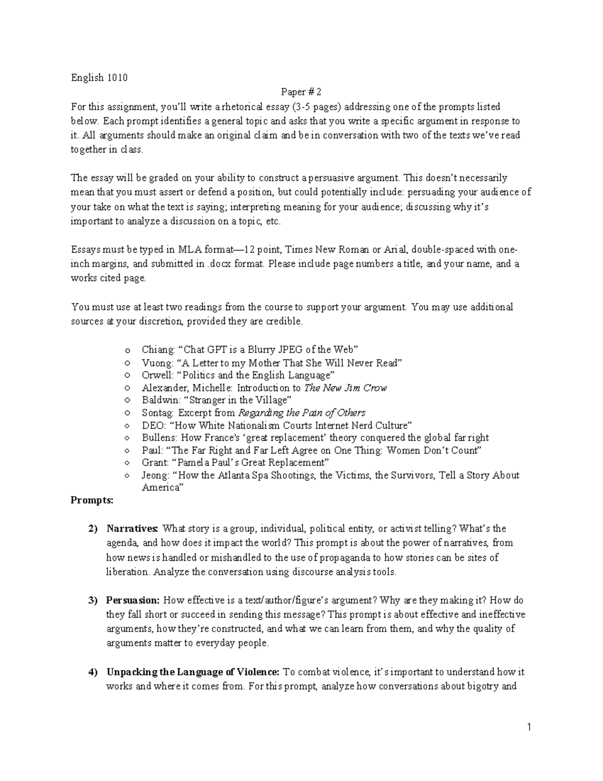 ENG 1010 Fall 2023 Rhetorical Essay Guidelines and Prompts - Studocu