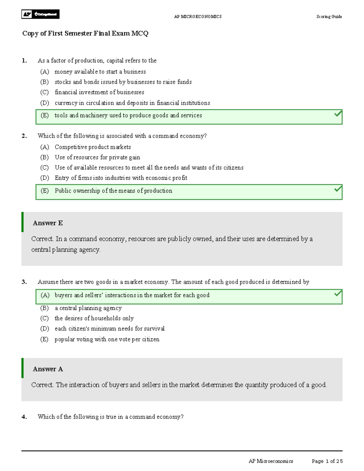 AP MICROECONOMICS First Semester Final Exam MCQ Scoring Guide - Studocu