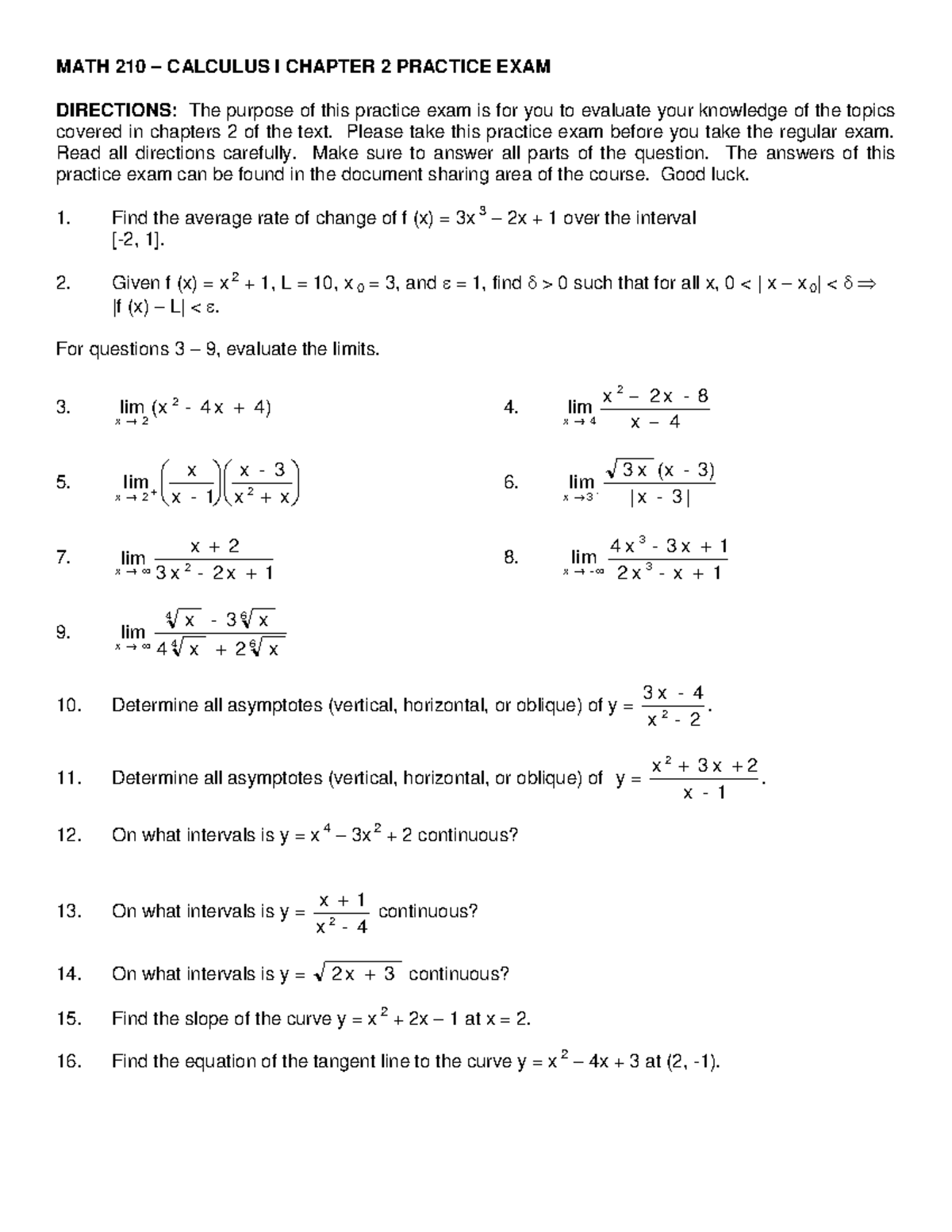 MAT 210 - Calculus I Chapter 2 Practice Exam Questions and Guidelines ...
