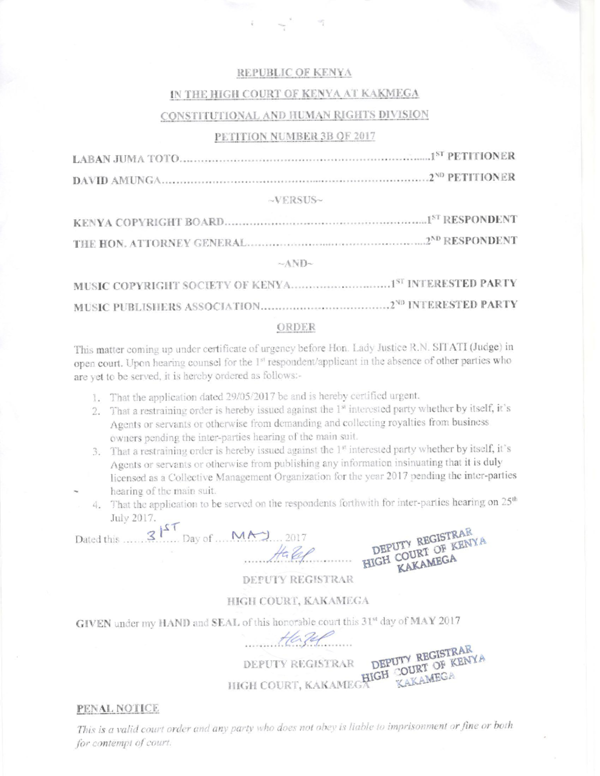 Order in Petition No. 3B of 2017 - High Court of Kenya at Kakamega ...