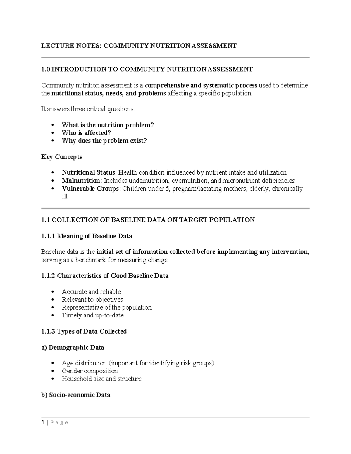 LECTURE NOTES: COMMUNITY NUTRITION ASSESSMENT (CNA 101) - Studocu