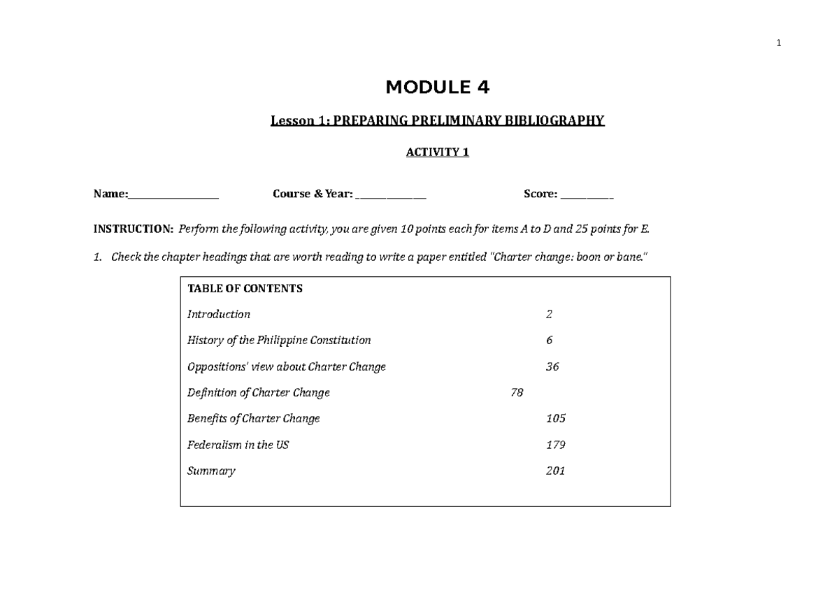 Research Module 4 - MODULE 4 Lesson 1: PREPARING PRELIMINARY ...