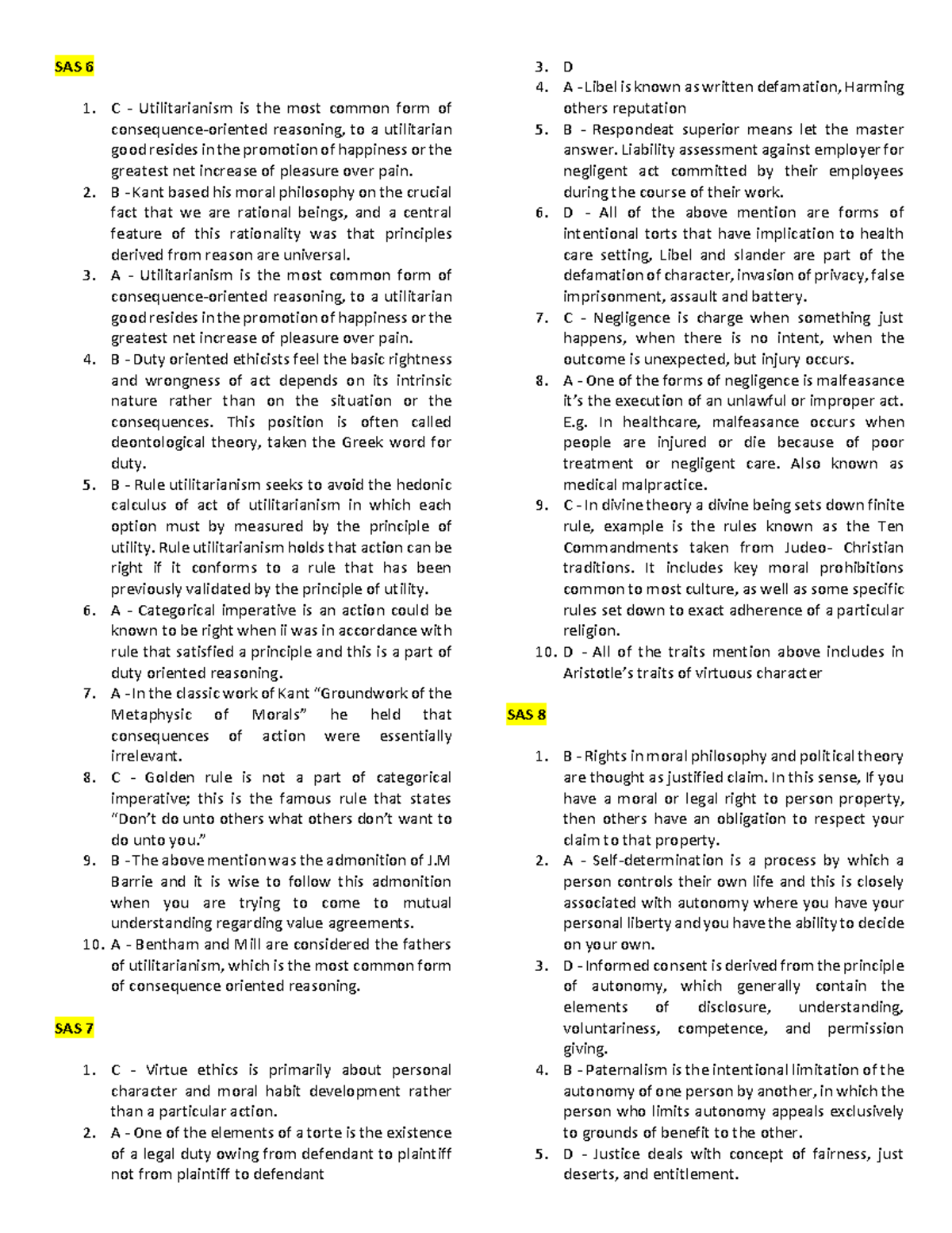 Answer Keys for SAS Modules 6-10: Ethical Principles & Rights - Studocu