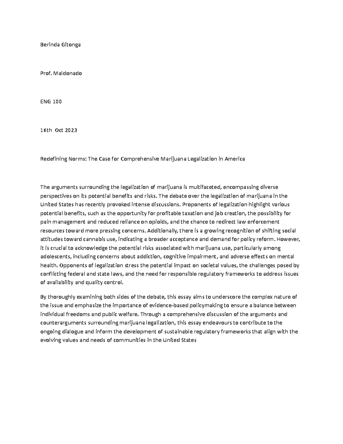 ENG 100 Essay: Comprehensive Marijuana Legalization in America - Studocu