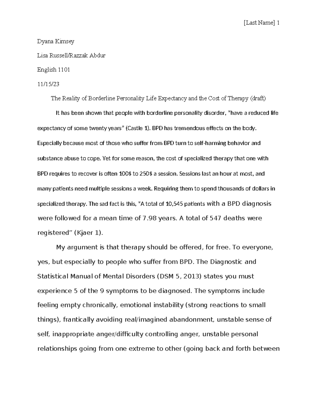 English 1101 Essay: The Reality of BPD, Life Expectancy & Therapy Costs ...