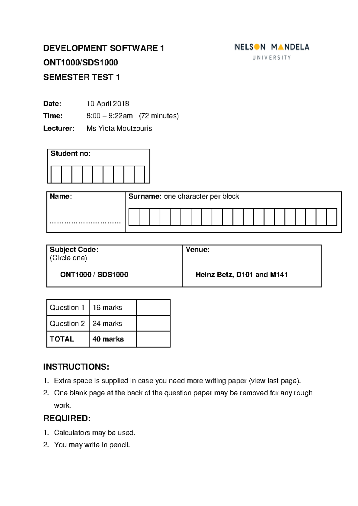 ONT1000/SDS1000 Semester Test 1 Questions - 10 April 2018 - Studocu