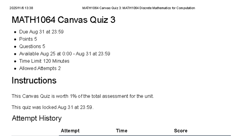 MATH1064 Canvas Quiz 3: Discrete Mathematics Assessment - Studocu