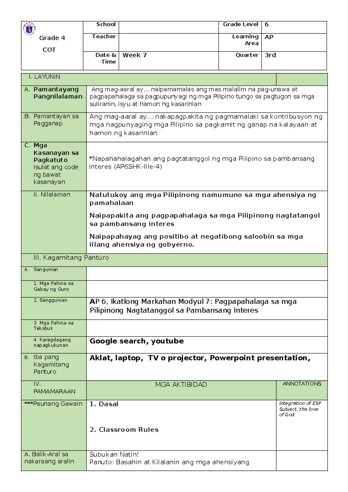 AP 6 WK7 - Pahalagahan ng Pagtatanggol ng mga Pilipino sa Pambansang ...