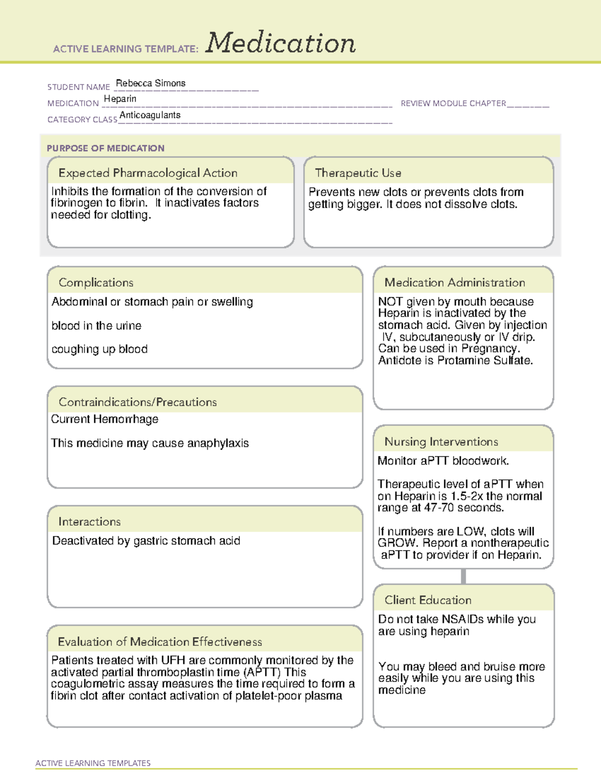 Heparin Active Learning Template - Practical Nursing I (NUR-101) - Studocu