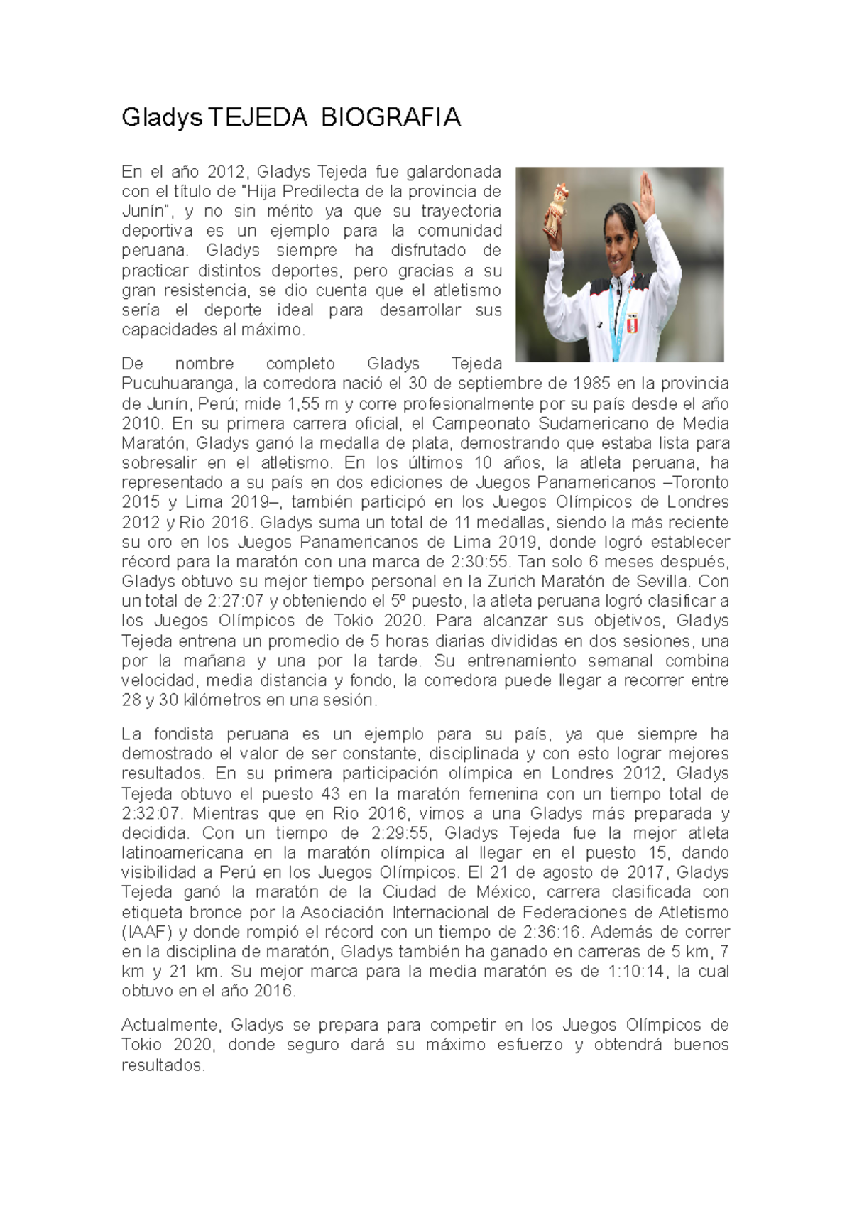 Biografía de Gladys Tejeda: La Atleta Peruana Destacada - Studocu